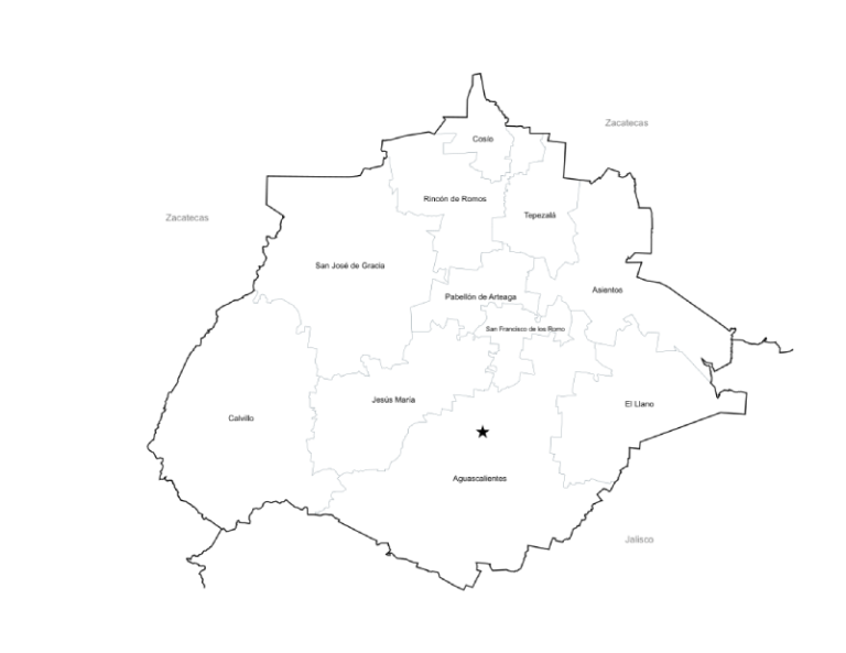 Mapa de Aguascalientes con nombres de todos los municipios